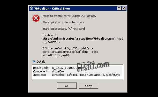 VirtualBox: Start tag expected,